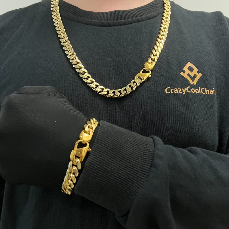 12mm Lobster Clasp Cuban Link Chain + Bracelet Set (18K Gold 5-Layer P ...