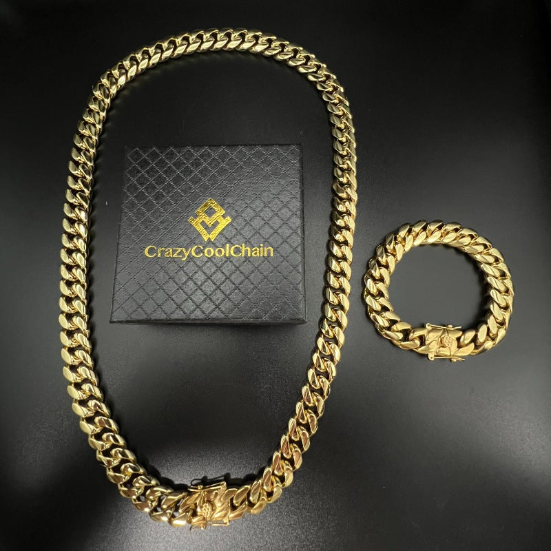 14mm Stylish Buckle Cuban Link Chain + Bracelet Set (18K Gold 5-Layer ...